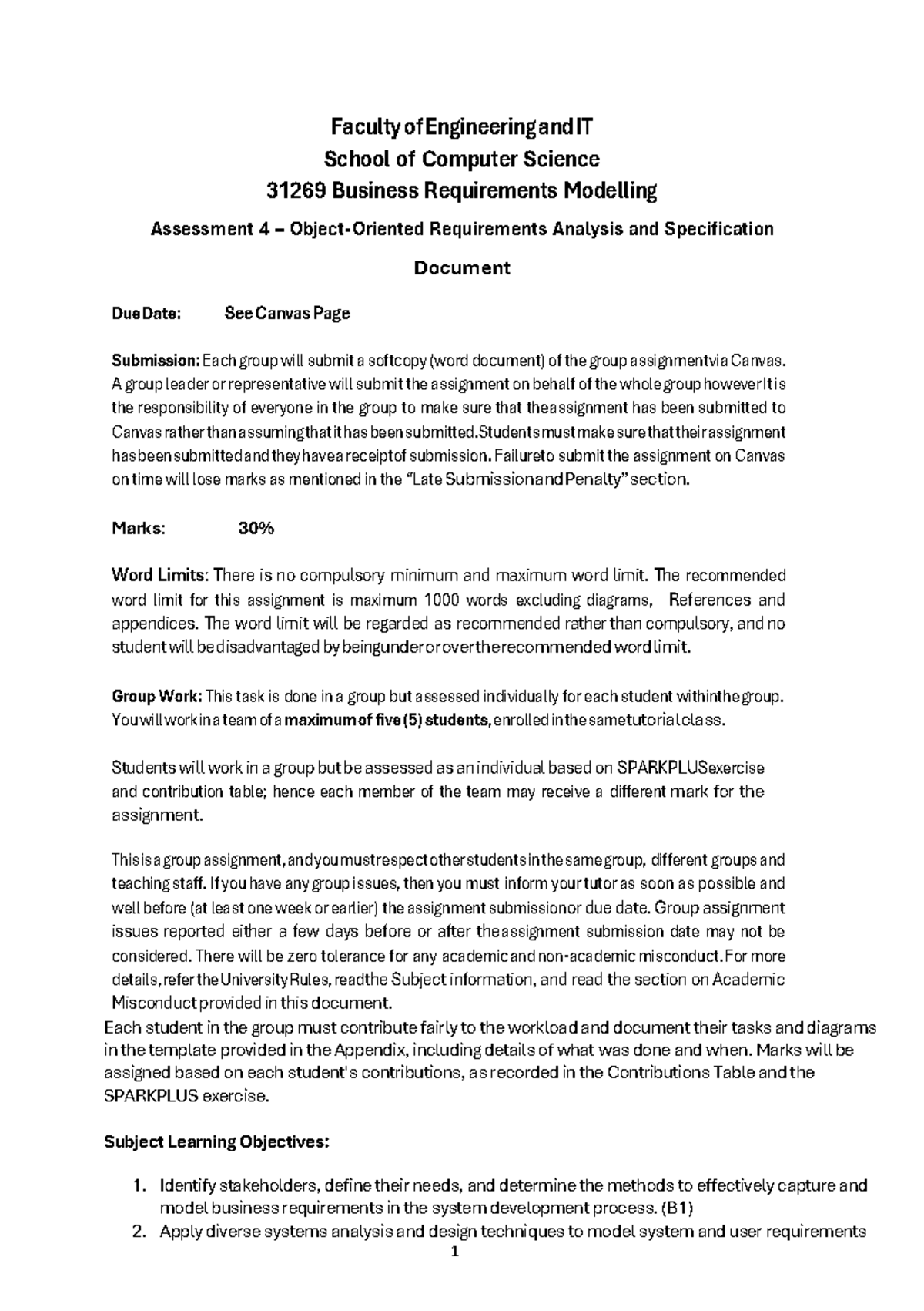 31269 Business Requirements Modelling: Assessment 4 Analysis & Spec ...