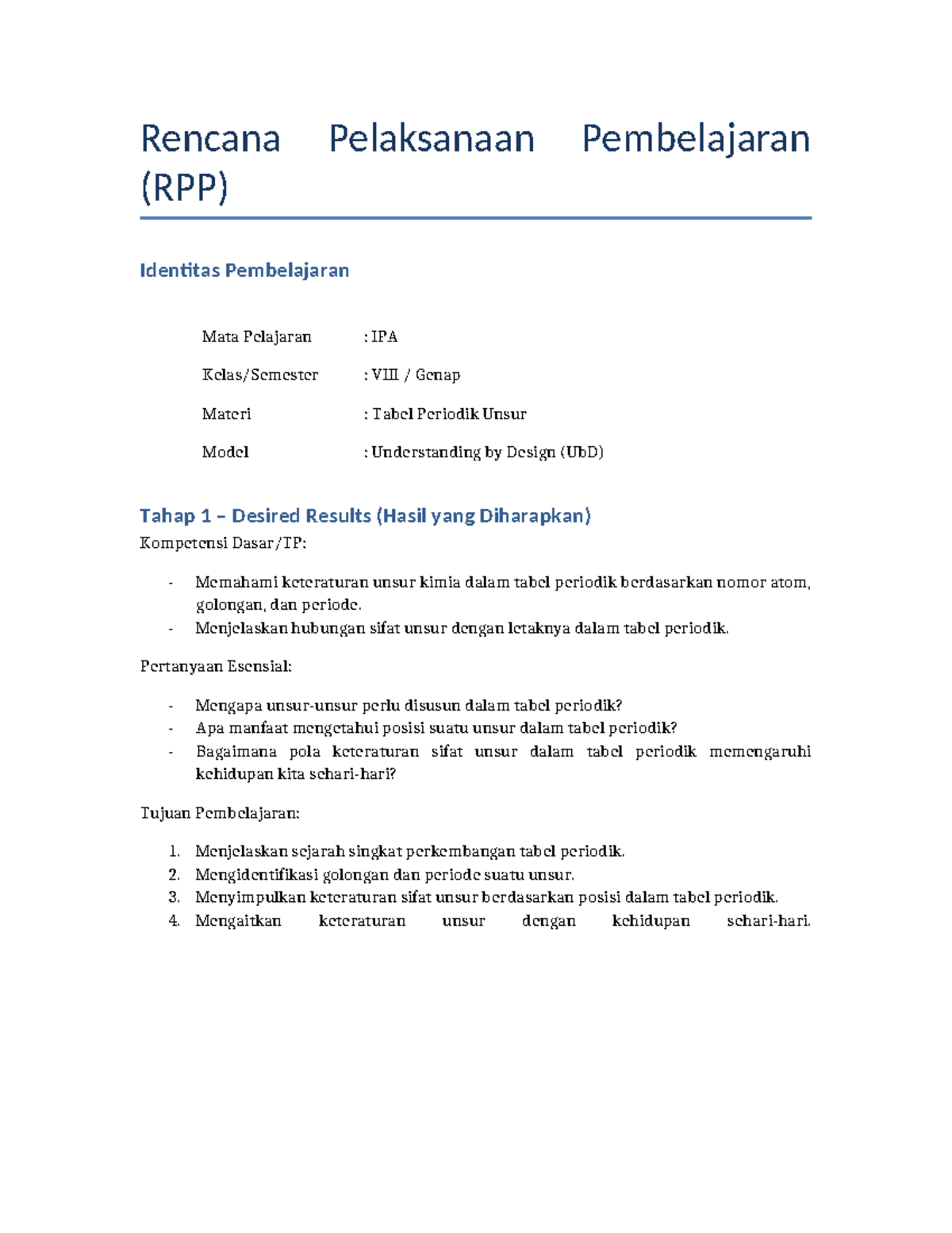 RPP IPA Kelas 8: Pelaksanaan Pembelajaran Tabel Periodik Unsur - Studocu