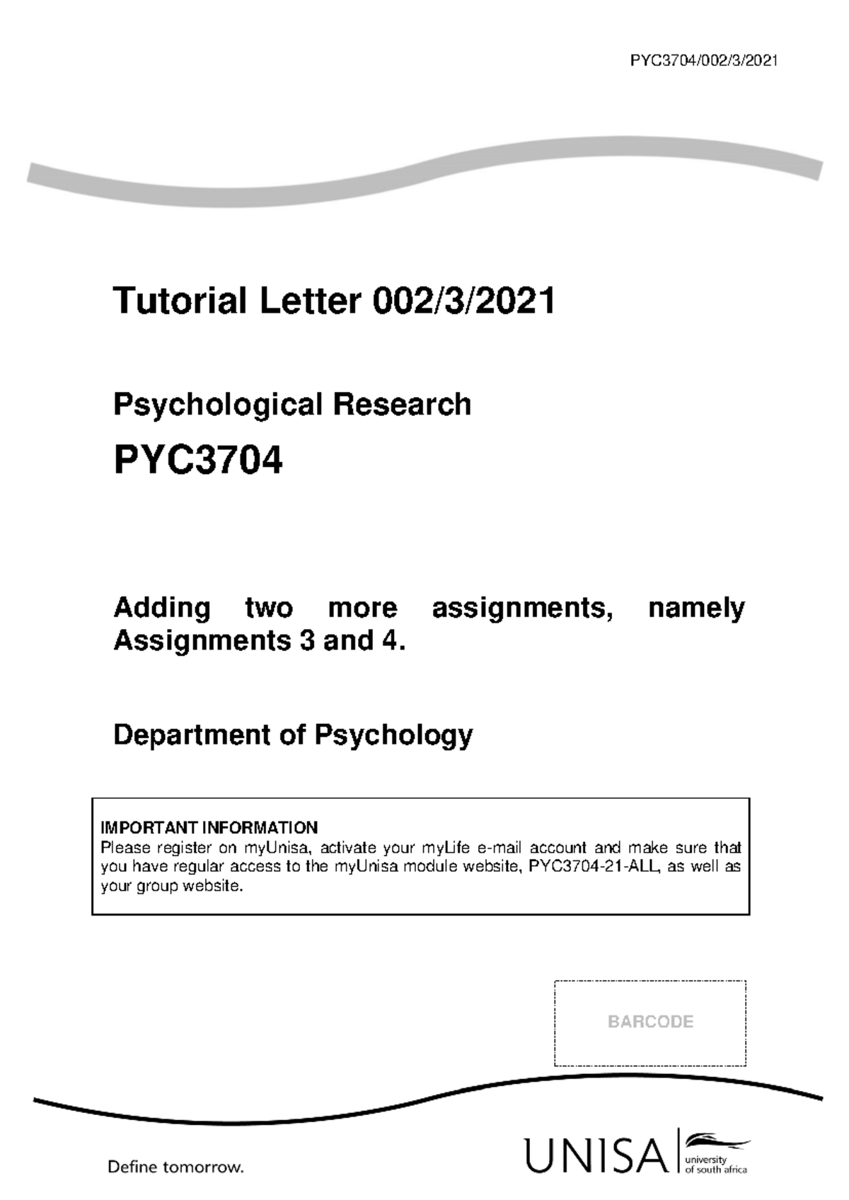 PYC3704 TL002 2021 Final Tutorial Letter: Assignments 3 & 4 Updates ...
