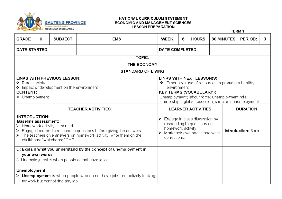 EMS Grade 8 Lesson Plan: Understanding Unemployment and Its Impact ...
