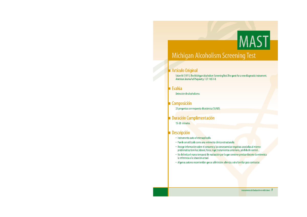 MAST - Michigan Alcoholism Screening Test Evaluation Guide - Studocu