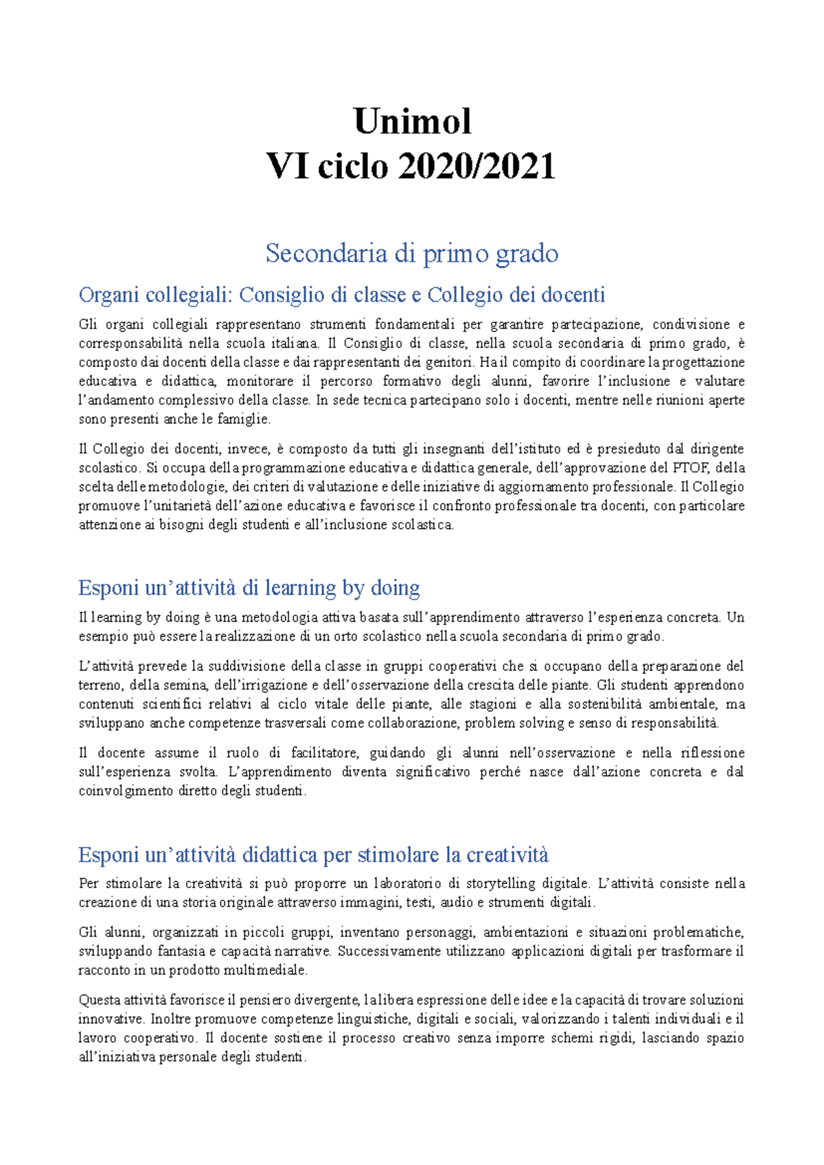 TFA VI Ciclo - Tracce Svolte Prova Scritta Infanzia e I Grado - Studocu