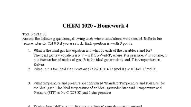 CHEM 1020 Homework 4: Ideal Gas Law & Energy Concepts - Studocu