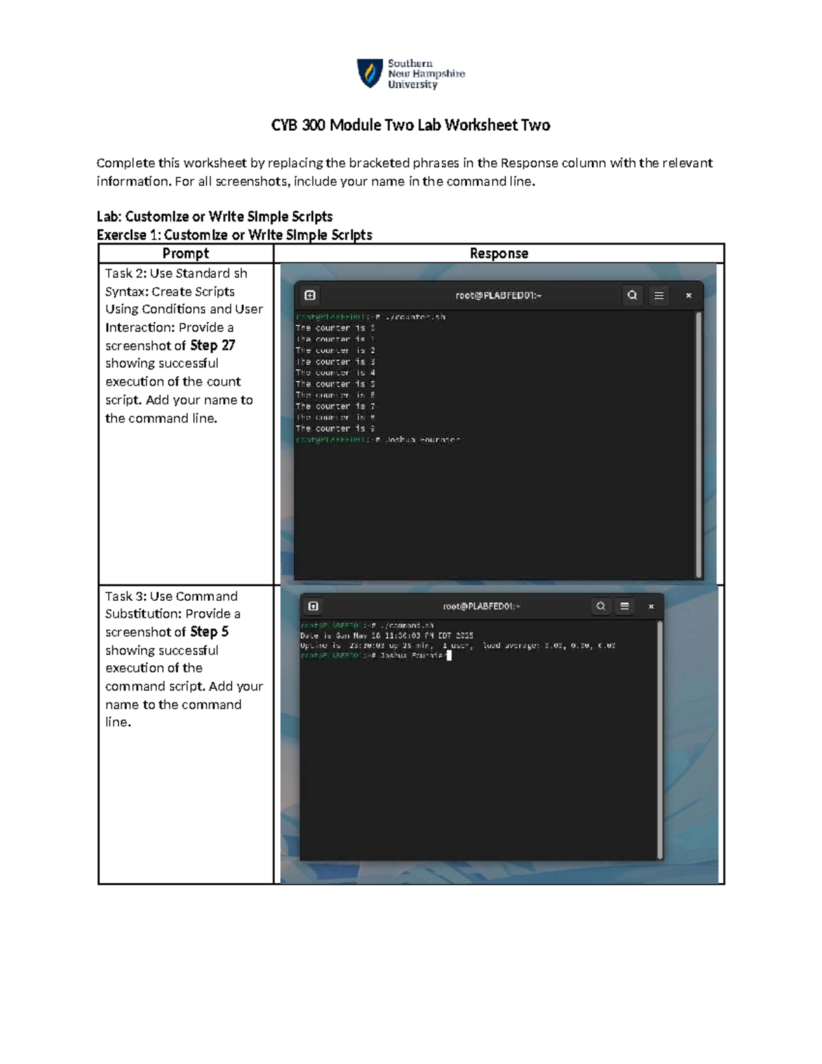 CYB 300 Module Two Lab: Custom Scripts & Command Substitution Worksheet - Studocu