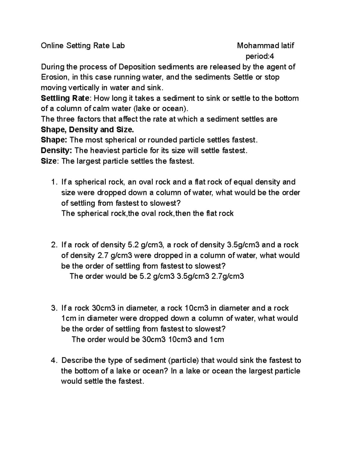 Setting Rate Lab: Factors Affecting Sediment Settling in Water - Studocu