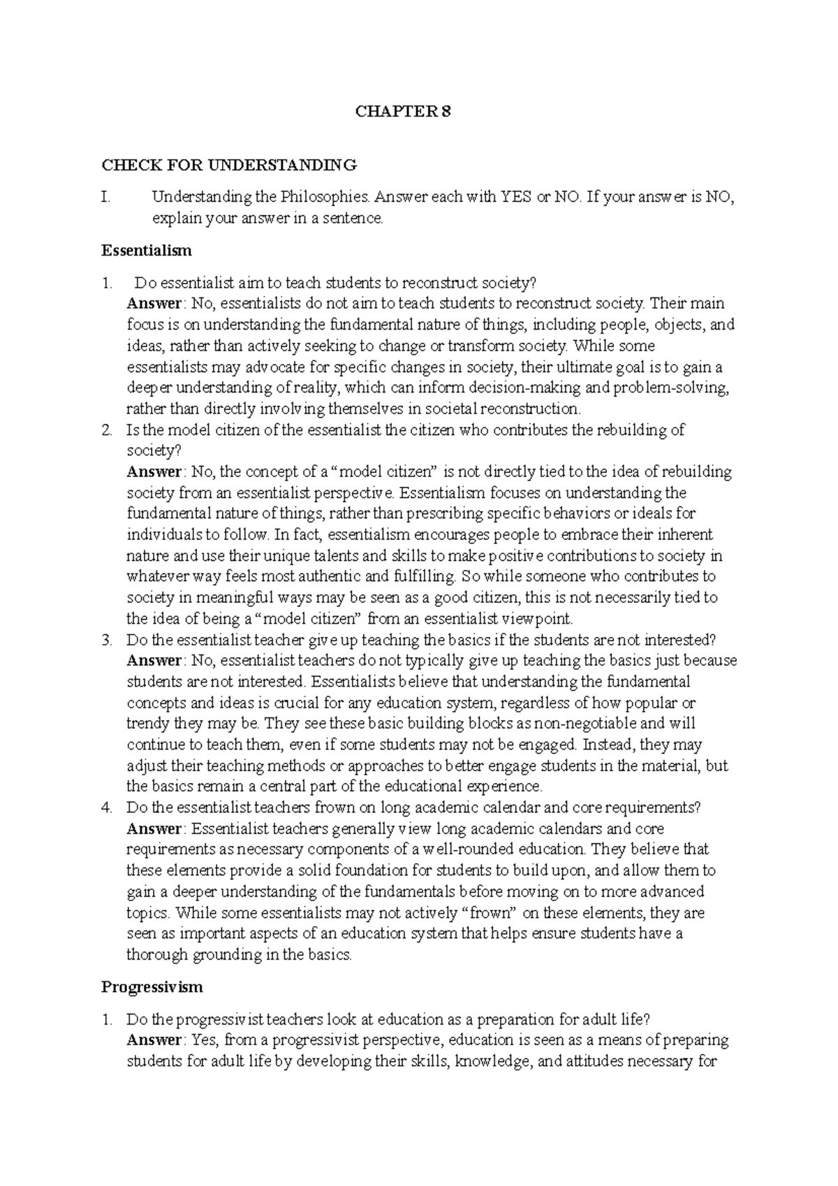 Chapter 8 Activities Answer Sheet - Understanding Teaching Philosophies - Studocu