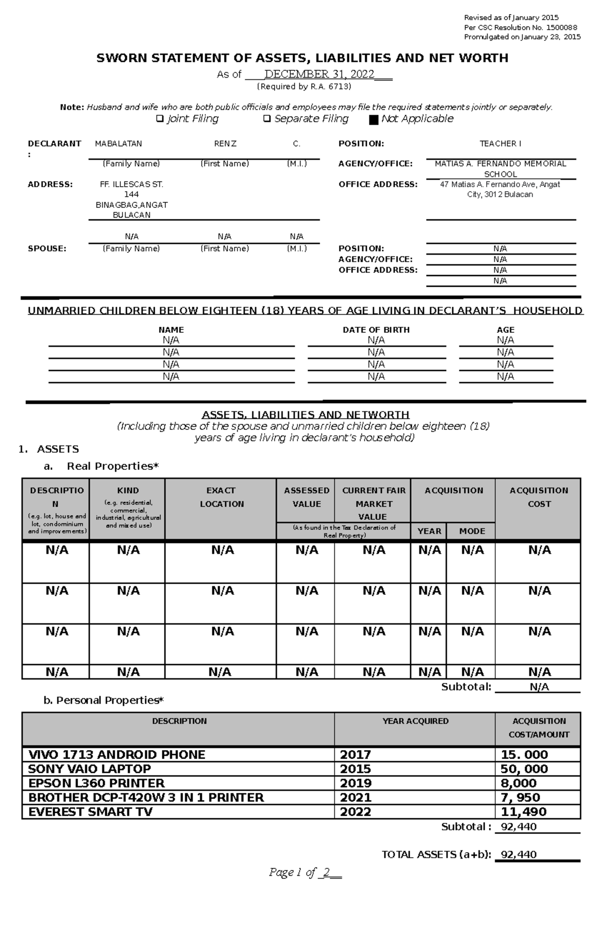 2015 SALN Form Mabalatan 2023 - Revised as of January 2015 Per CSC ...