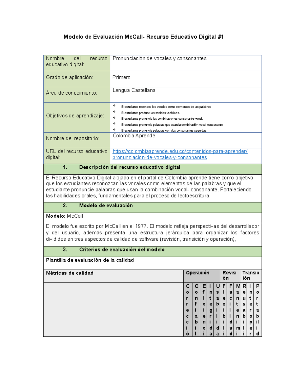 Modelo de Evaluación McCall para Recursos Educativos Digitales - Studocu