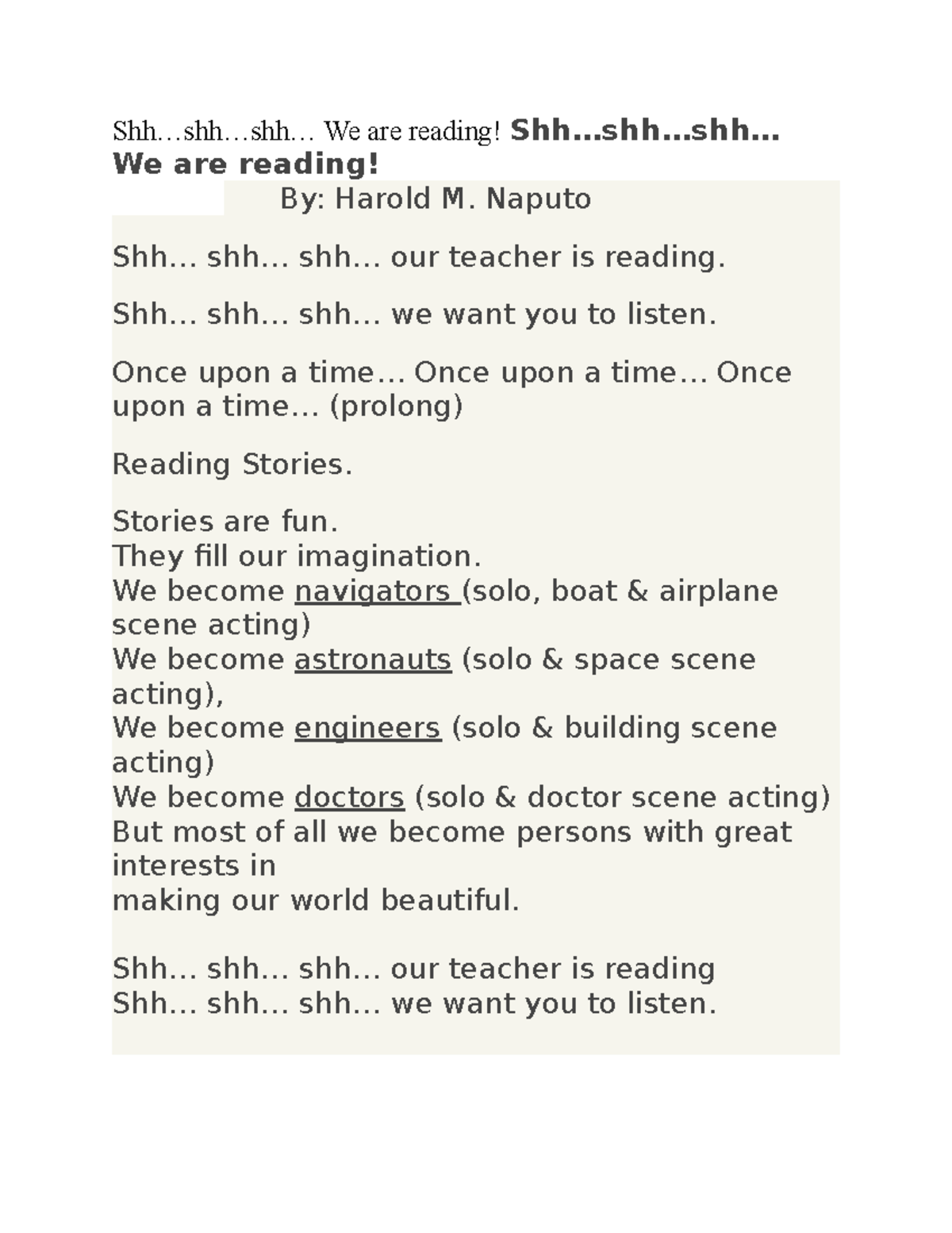 Speech-choir-piece - CHOIR - Shh...shh..... We are reading! Shh...shh ...