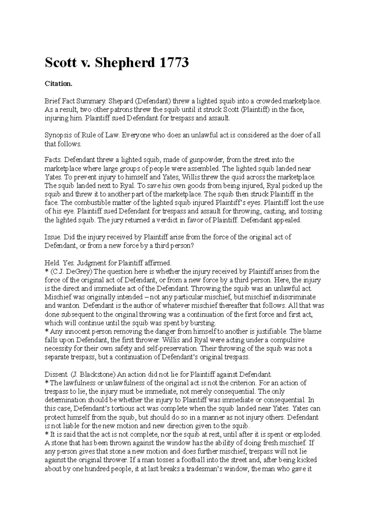 Scott v shepherd 1773 summary TORT - Scott v. Shepherd 1773 Citation ...