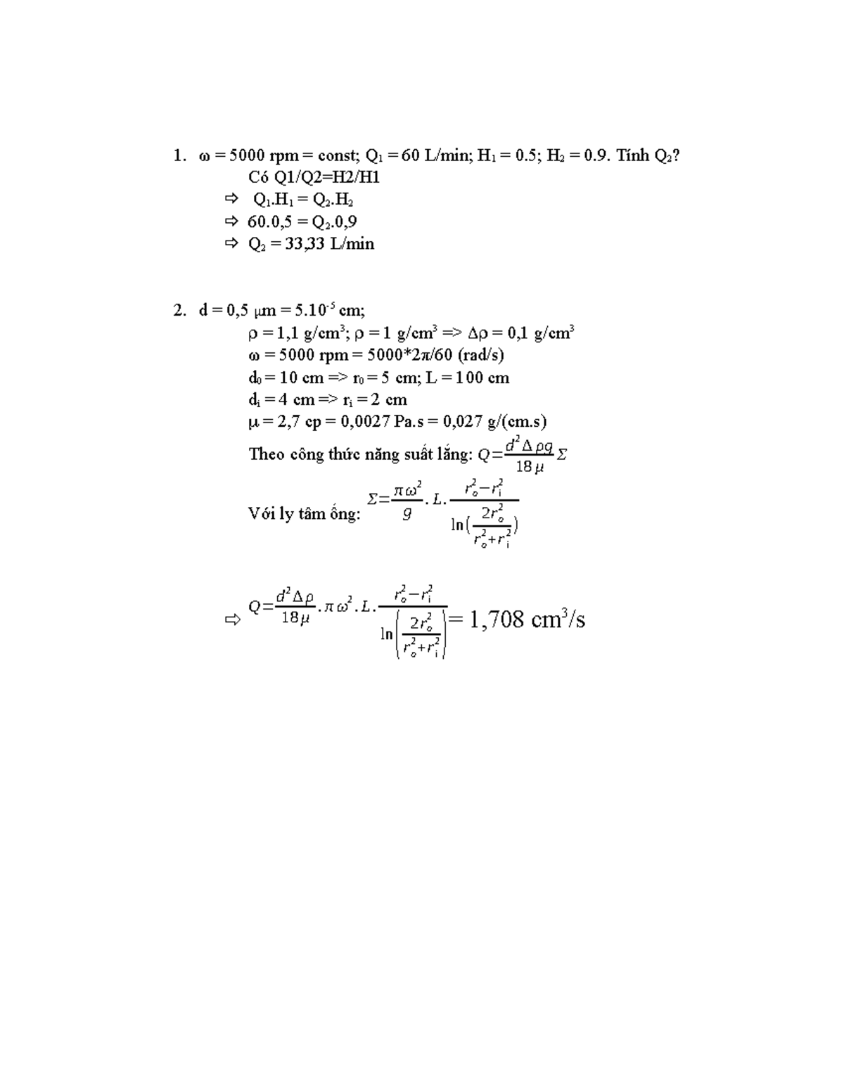 Đáp án Bài tập ly tâm - Q1, Q2, ω rpm, H1, H2 - Studocu