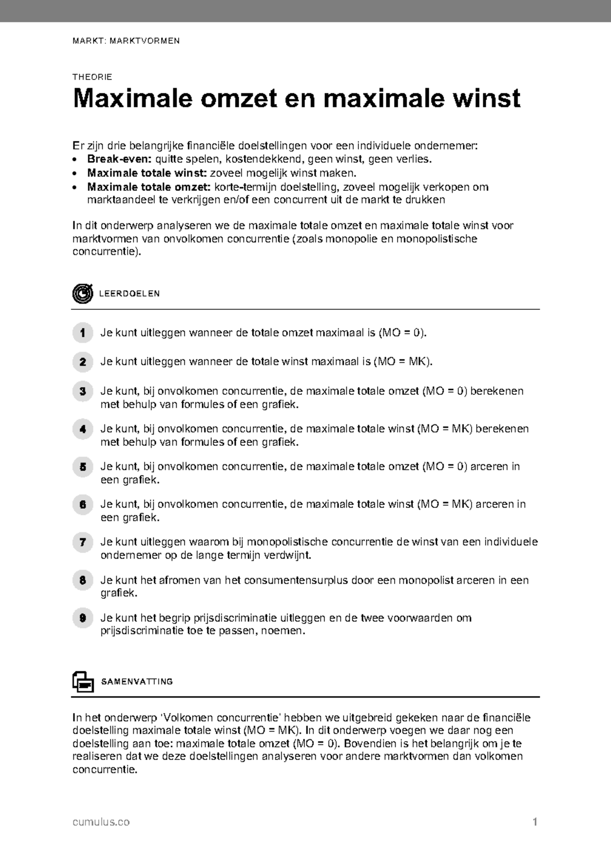 MARKT: MARKTVORMEN THEORIE - Maximale Omzet en Winst Analyse (T10182 ...