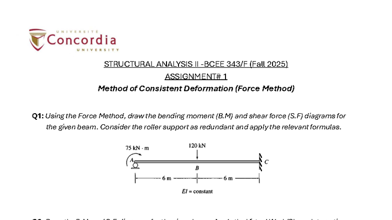 BCEE 343 - Structural Analysis II: Force Method Assignment 1 - Studocu