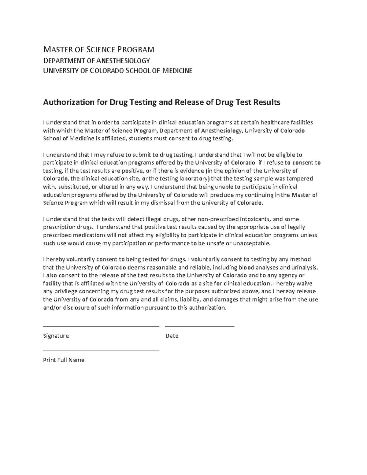 Authorization for Drug Testing - MS Anesthesiology Program - Studocu