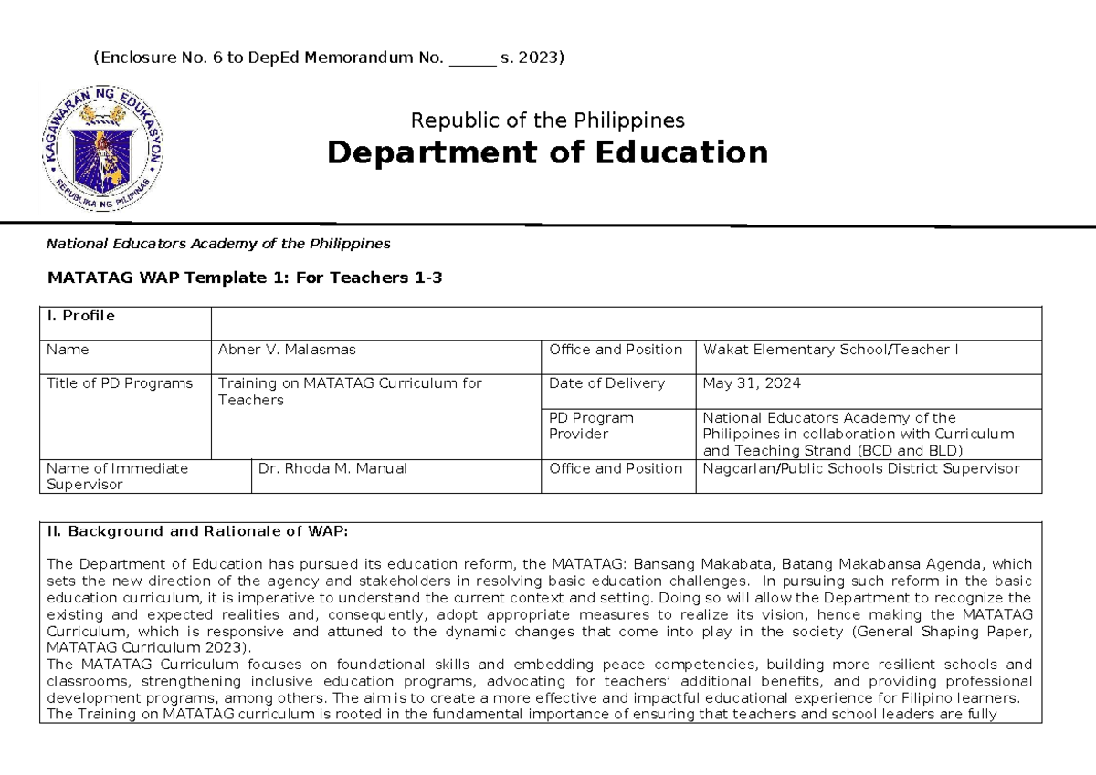 MATATAG WAP Training Document - Session 15 for Teachers Abner V ...