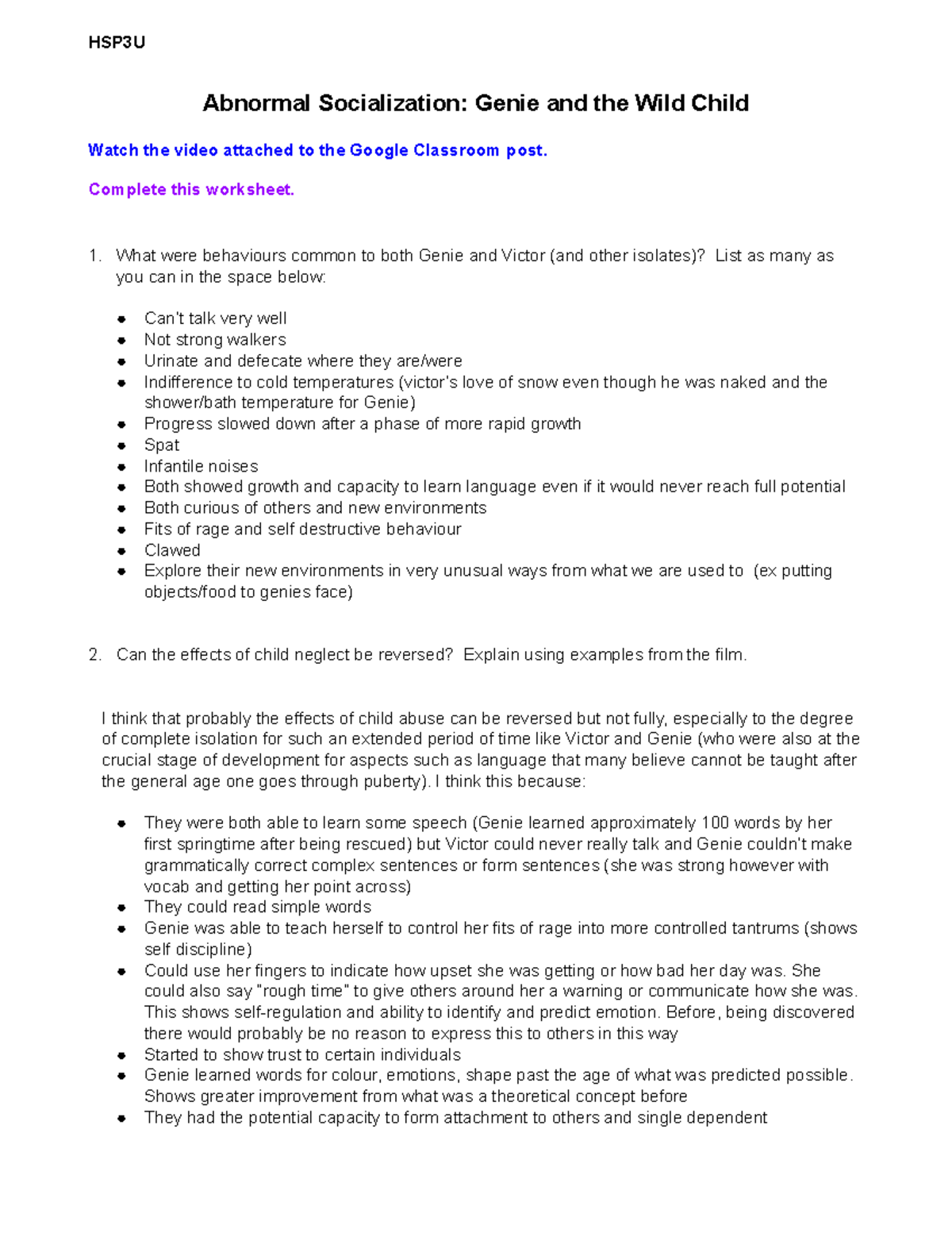 HSP3U Abnormal Socialization: Genie & the Wild Child Worksheet - Studocu