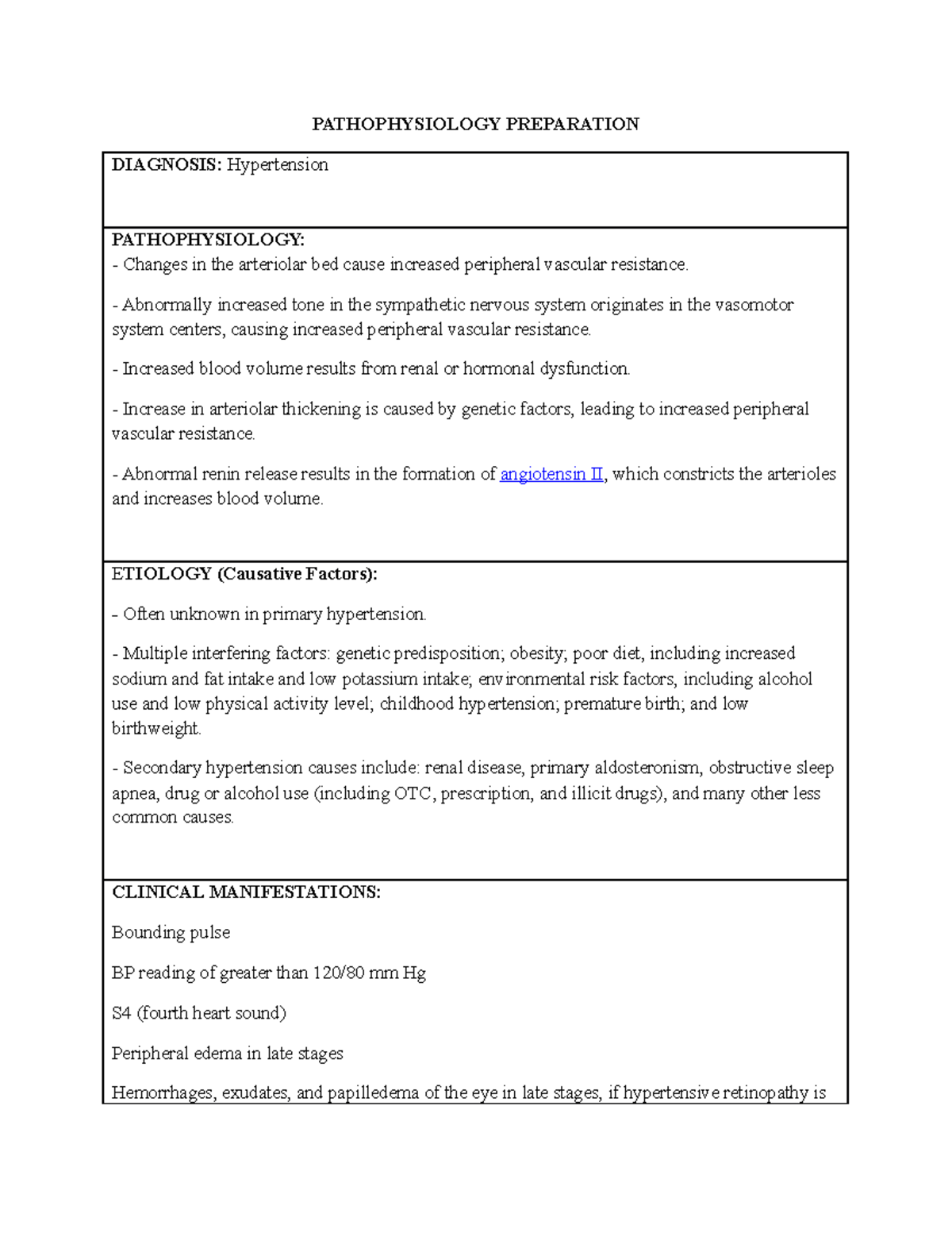 Patho Sheet- Hypertension - PATHOPHYSIOLOGY PREPARATION DIAGNOSIS ...