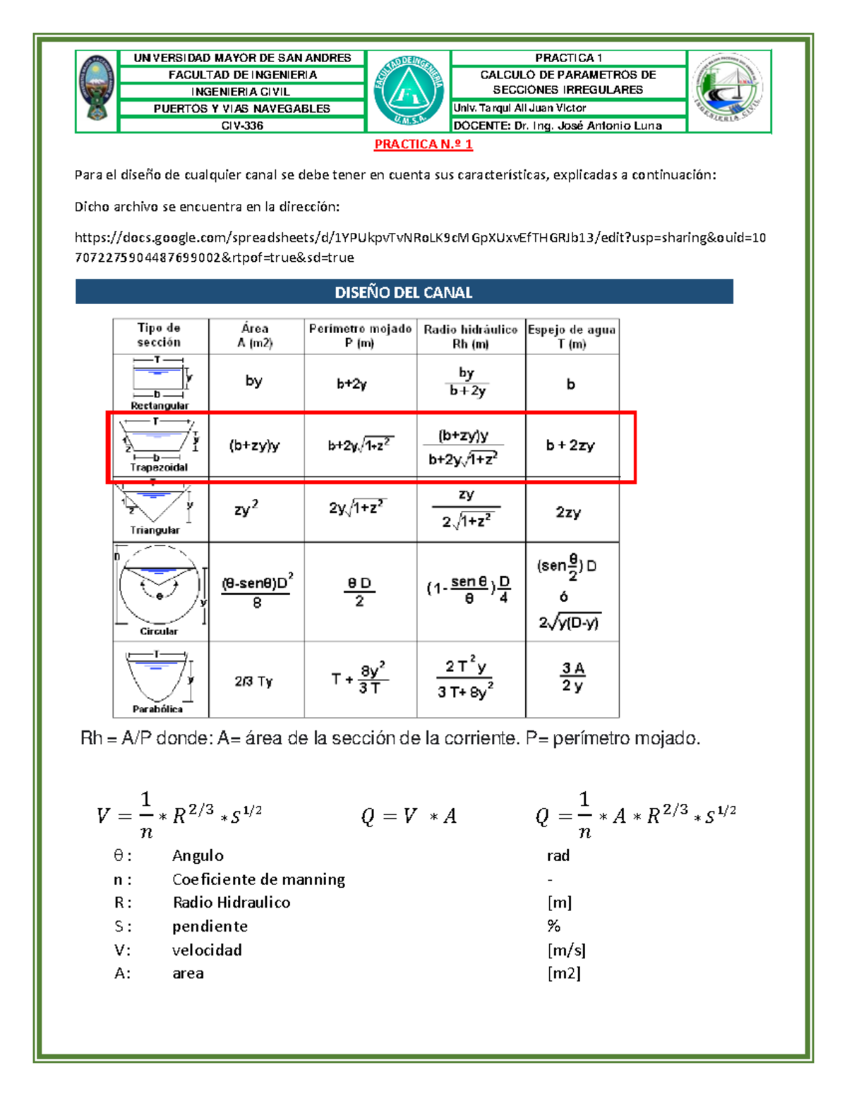 Cálculo de Parámetros para Canales de Sección Irregular - CIV-336 - Studocu