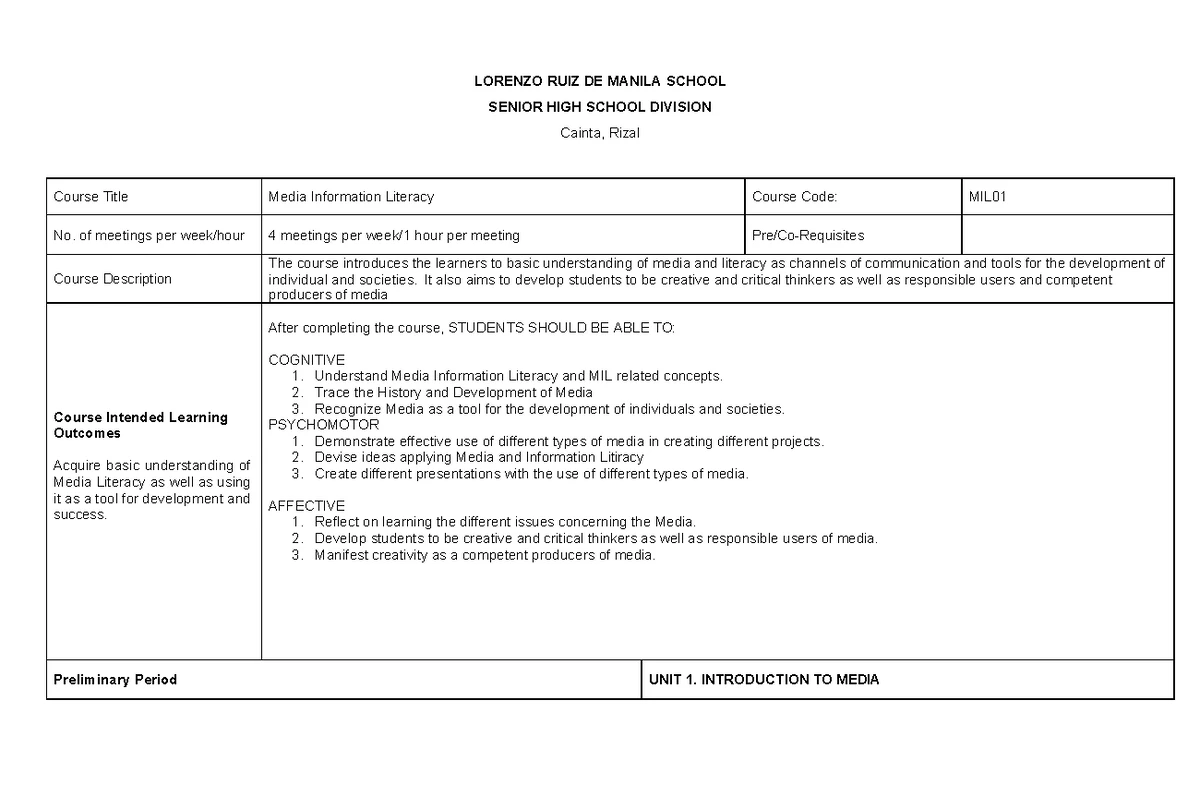 CCS0003 - Computer Programming 1 (Lec) Syllabus - COURSE CODE COURSE TITLE UNITS / TYPE CCS0003 ...
