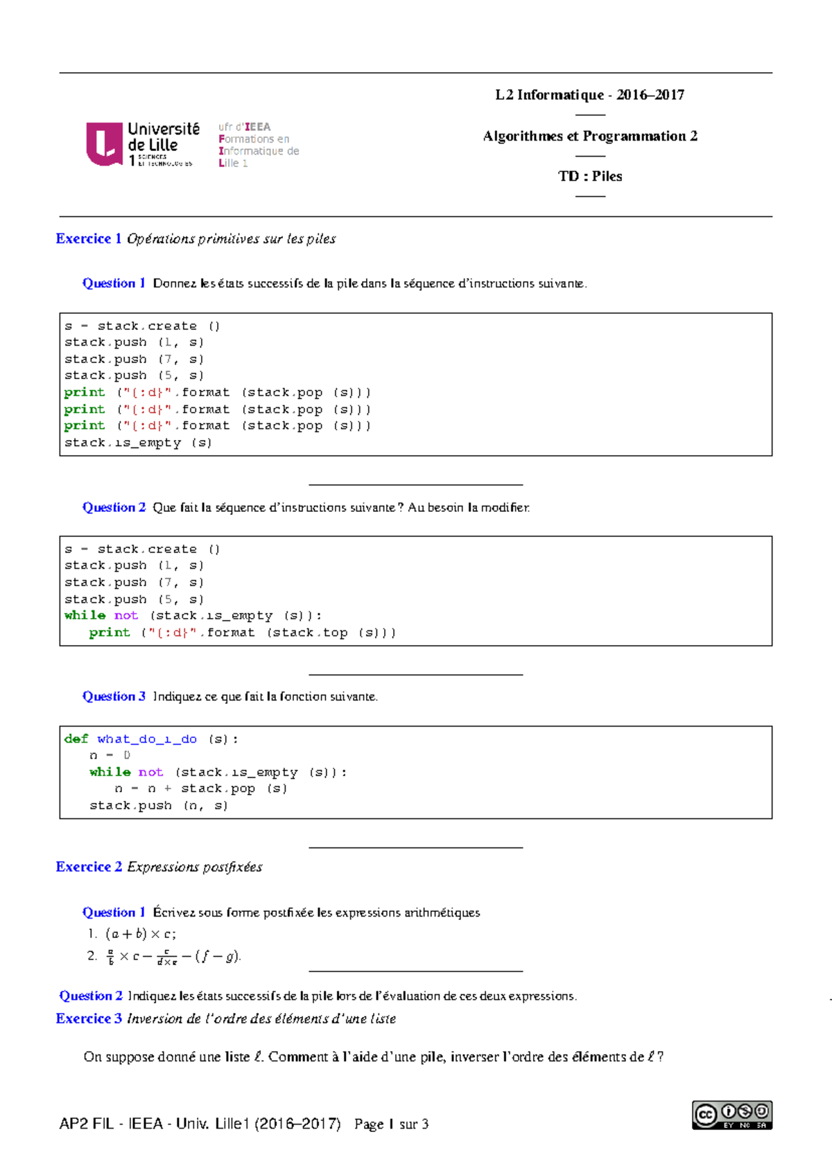 Algorithmes et Programmation 2 - Exercices sur Piles et Parenthèses - Studocu