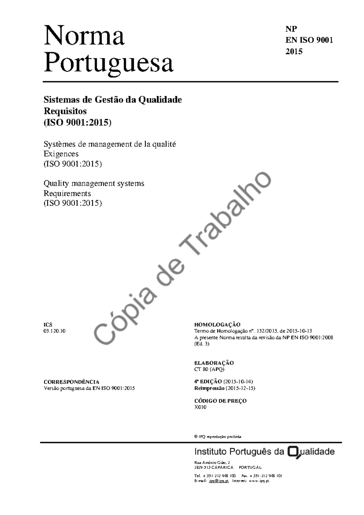 NP EN ISO 9001:2015 - Requisitos para Sistemas de Gestão da Qualidade ...