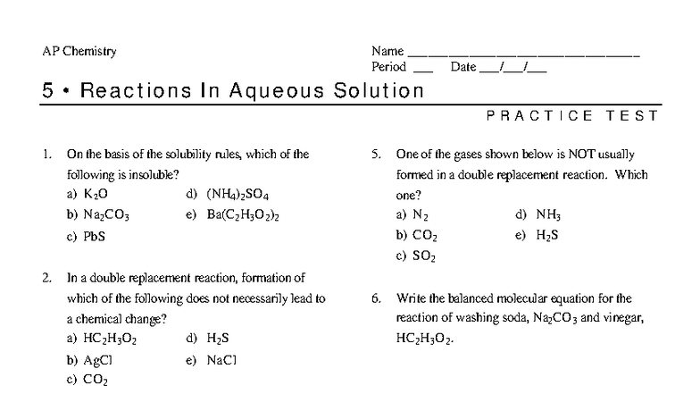 AP Chemistry (APCH05) Practice Test: Reactions in Aqueous Solutions ...