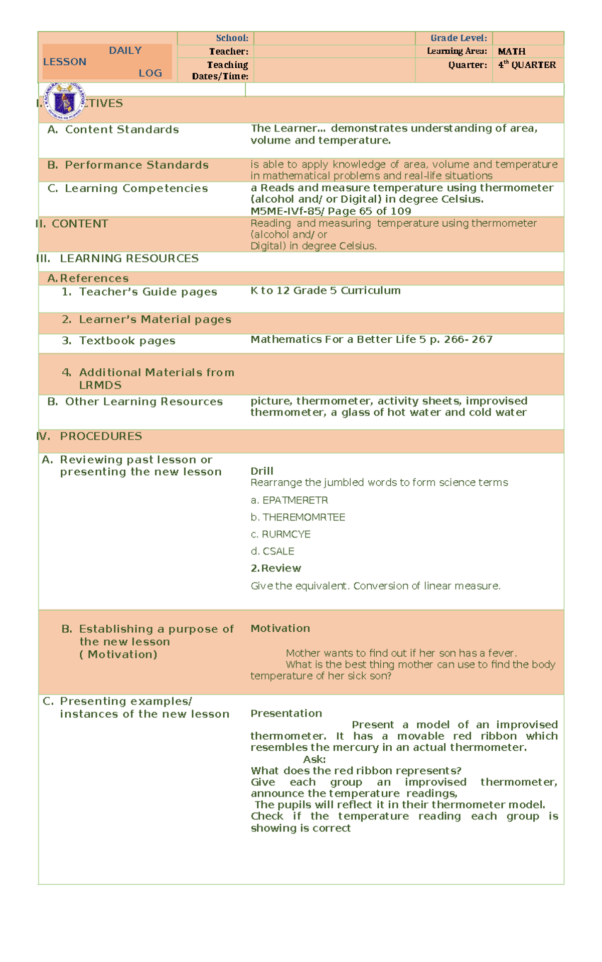 Math5 COT.Reading and measuring temperature using thermometer - I ...