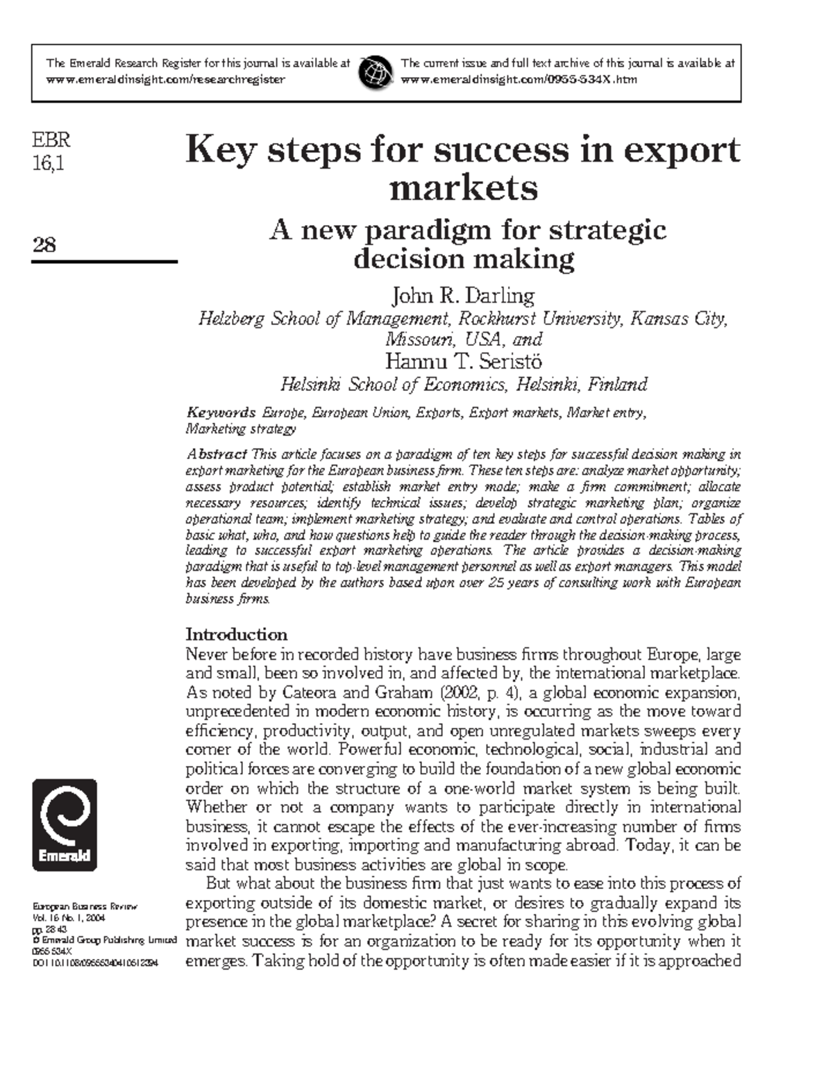 Key Steps for Success in Exporting: A Strategic Paradigm (EBR 16, 2004 ...