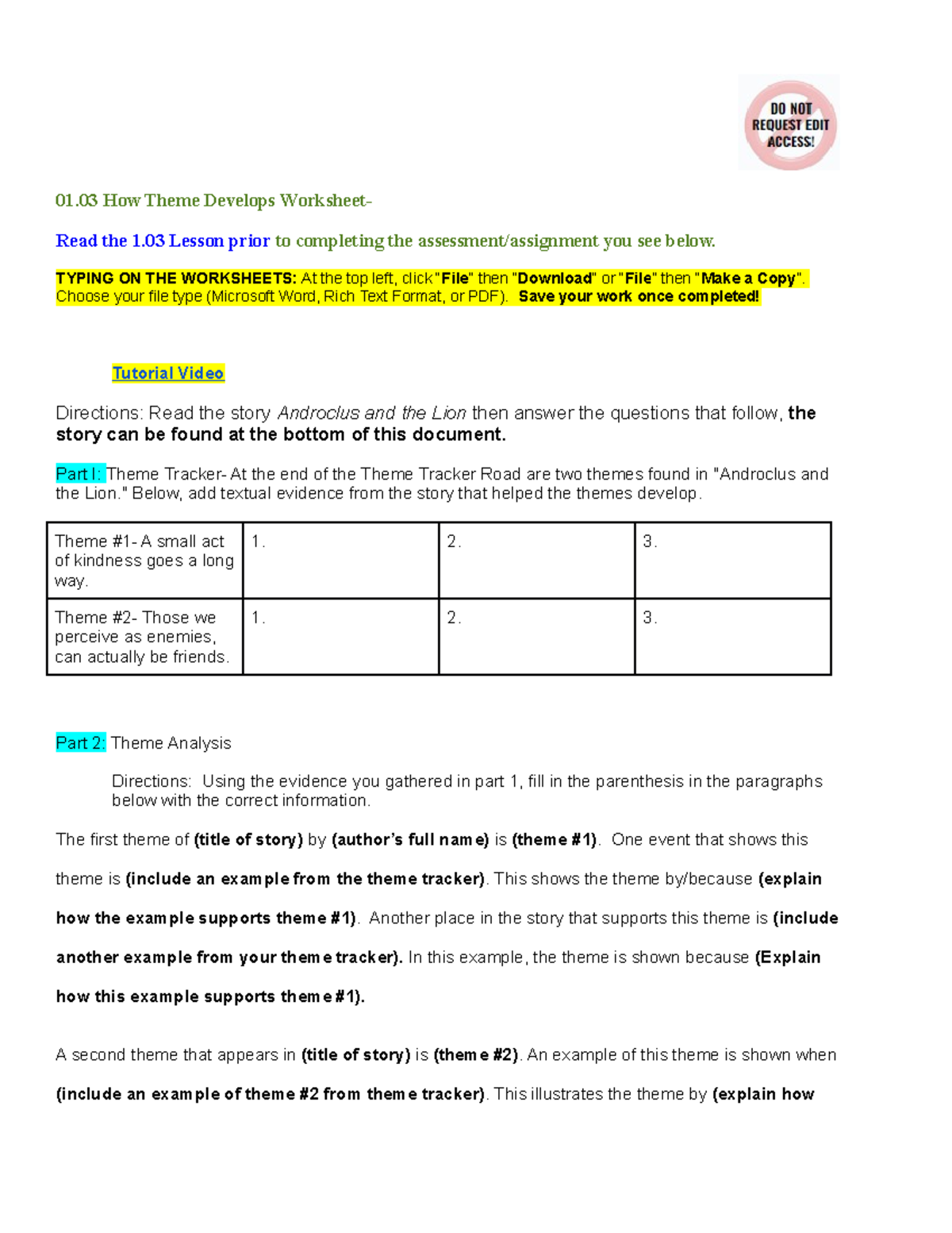 01.03 How Theme Develops Worksheet: Analyzing "Androclus and the Lion ...
