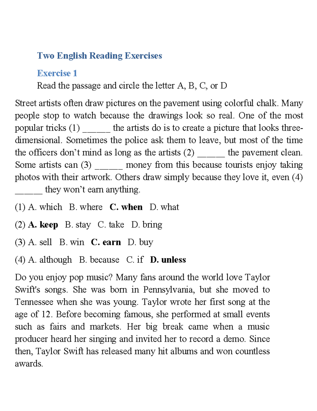 English Exercises: Reading Comprehension Practice - Studocu