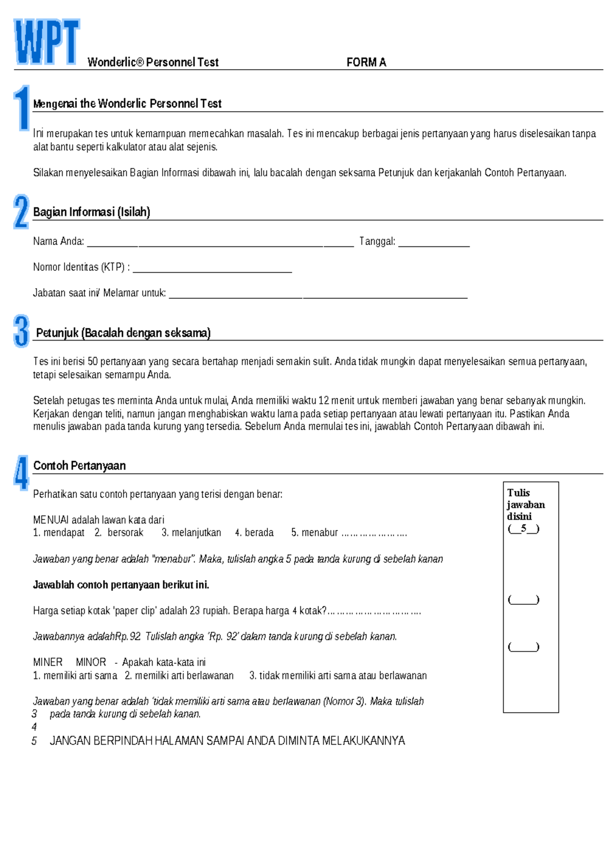 Soal WPT 877816283: Personnel Test FORM A - Wonderlic Test Guide - Studocu