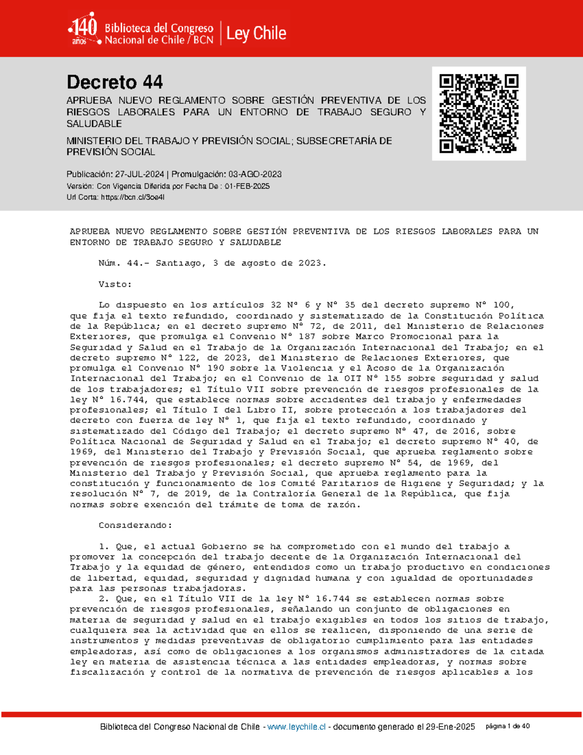 Decreto-44 27-JUL-2024 - Decreto 44 APRUEBA NUEVO REGLAMENTO SOBRE GESTIÓN PREVENTIVA DE LOS ...