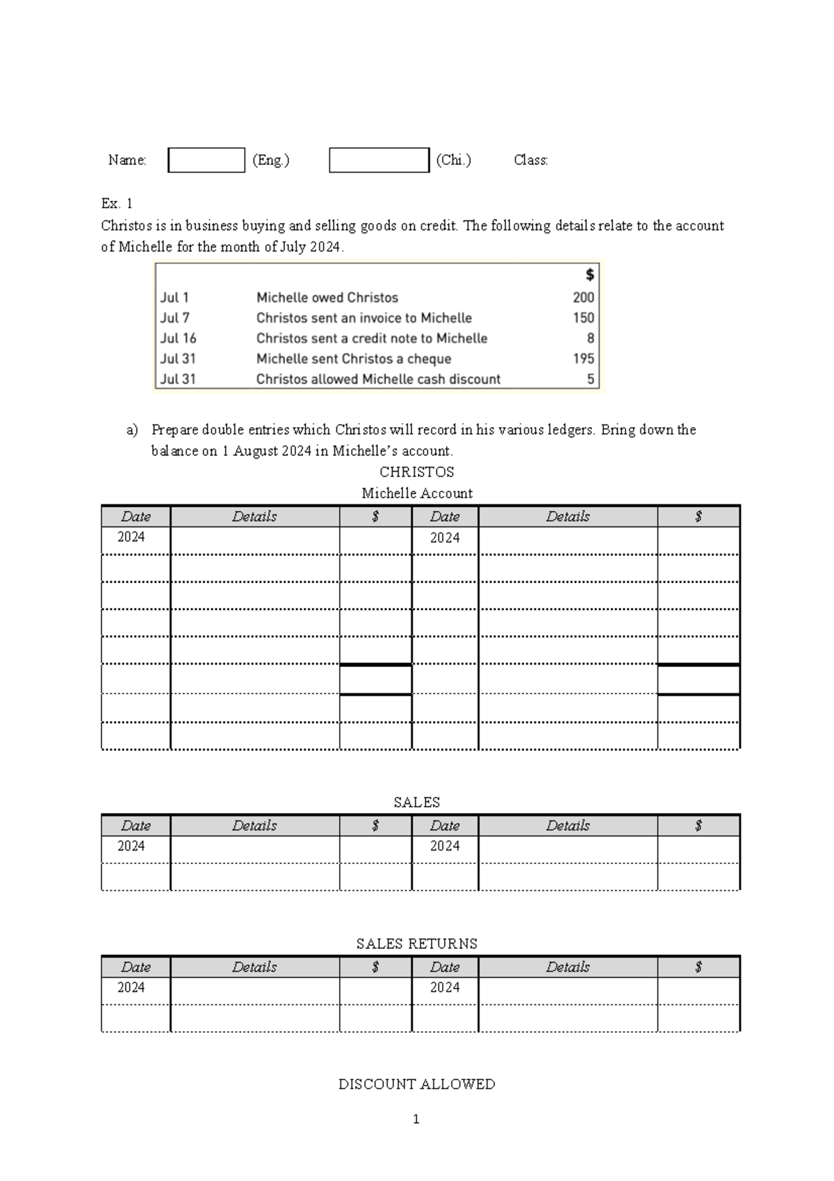 Double Entry Revision (Ex. 1 & 2) for Accounting (ACCT 101) - Studocu
