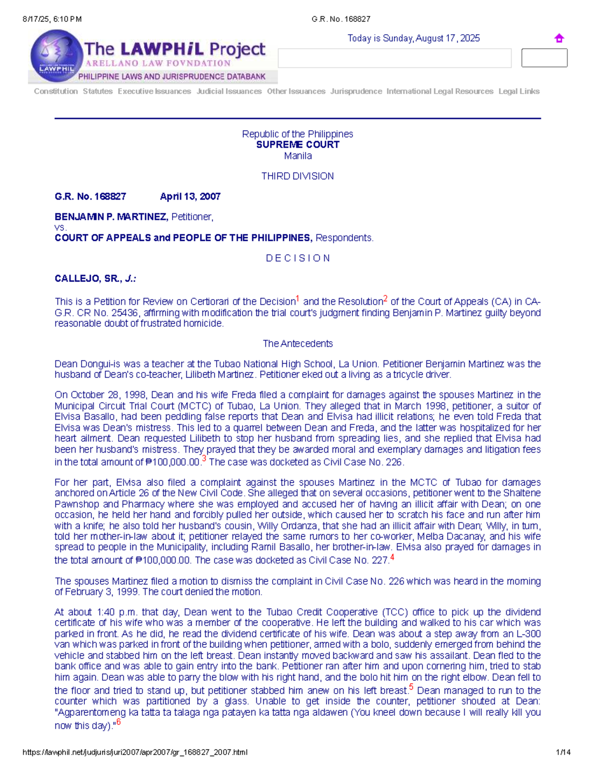 Martinez v. CA: G.R. No. 168827 - Frustrated Homicide Decision Analysis ...