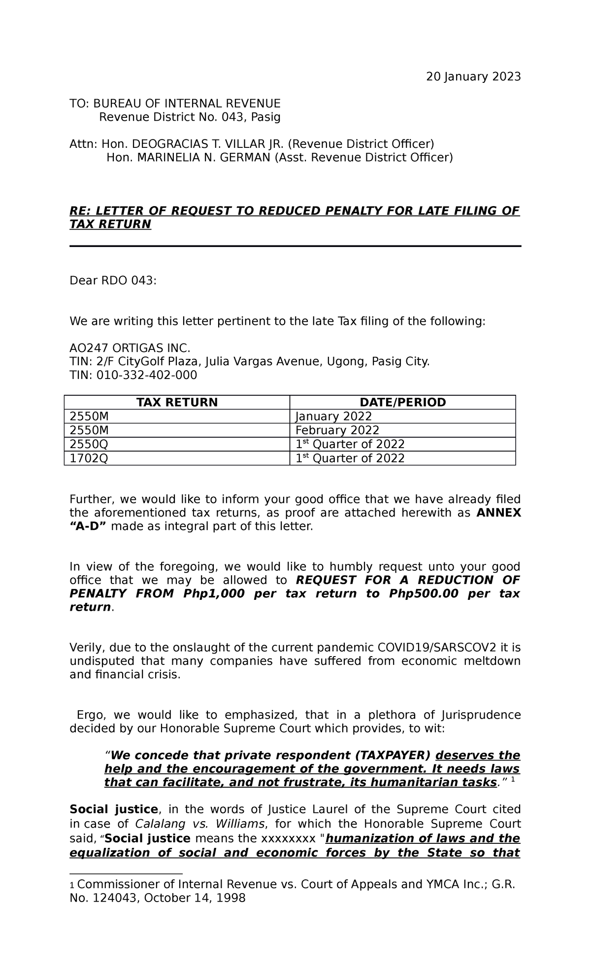 Request for Reduced Penalty on Late Tax Filing - AO247 Pasig - Studocu