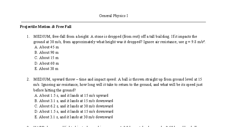Projectile Motion & Free Fall: Physics Concepts and Calculations - Studocu