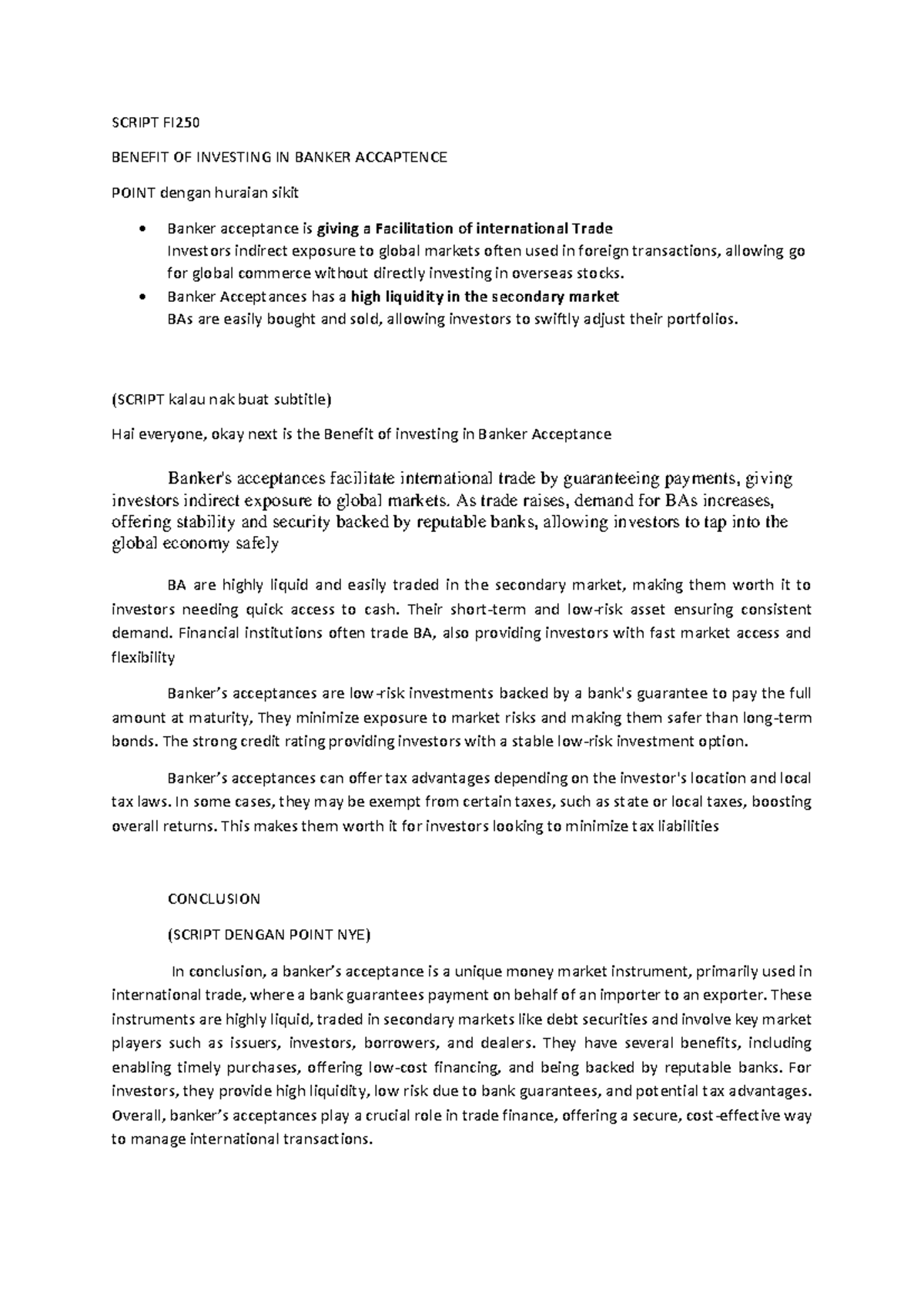 Fin250 notes - SCRIPT FI BENEFIT OF INVESTING IN BANKER ACCAPTENCE ...