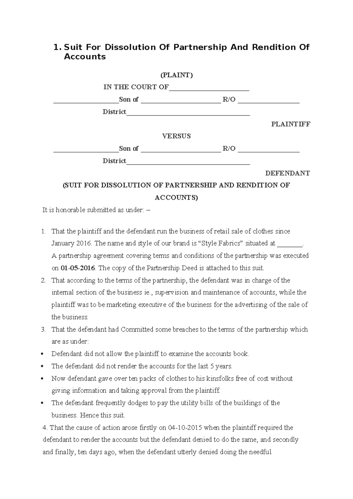 Suit for Dissolution of Partnership: Sample Document and Deed Draft ...