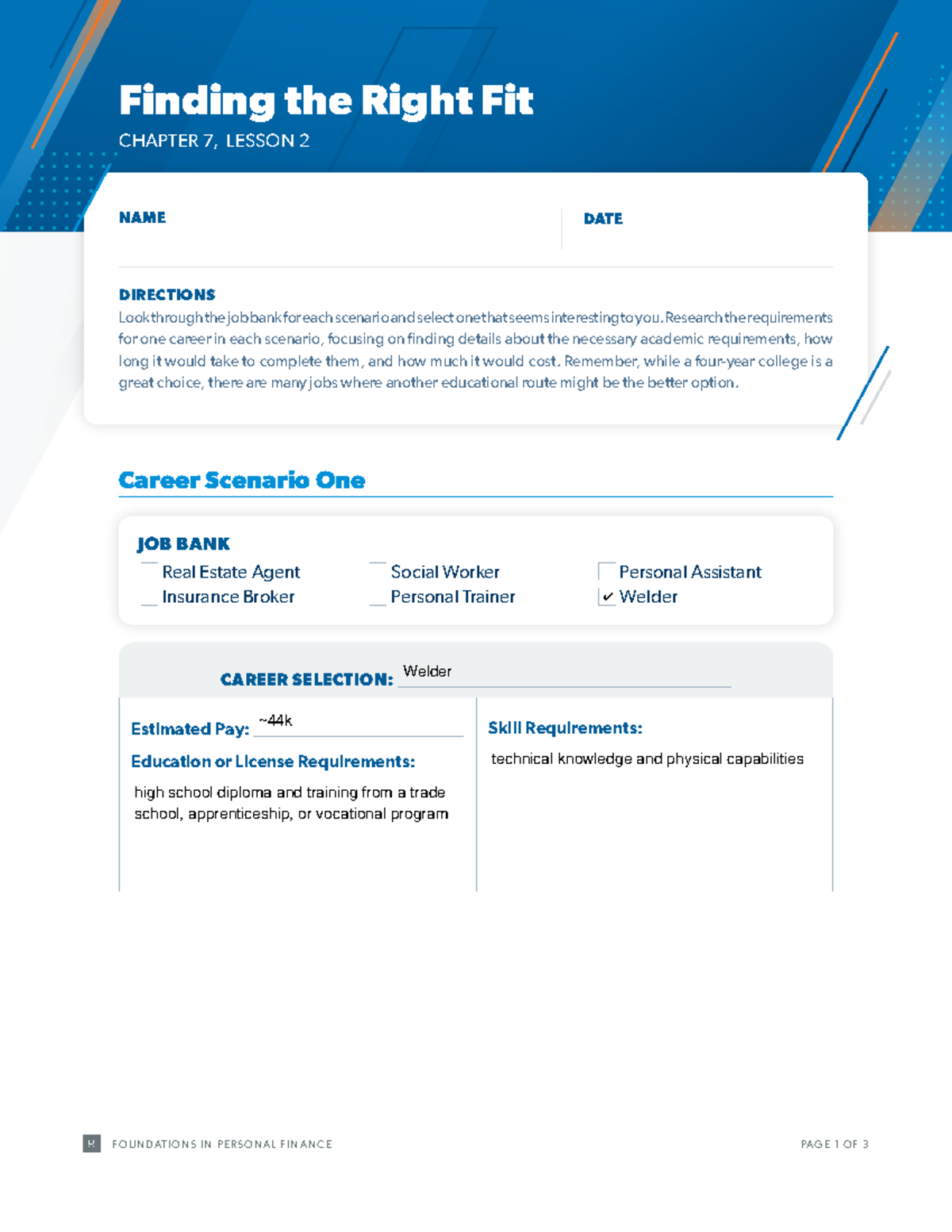 Personal Finance: Finding the Right Fit - CH 7, Lesson 2 Worksheet ...