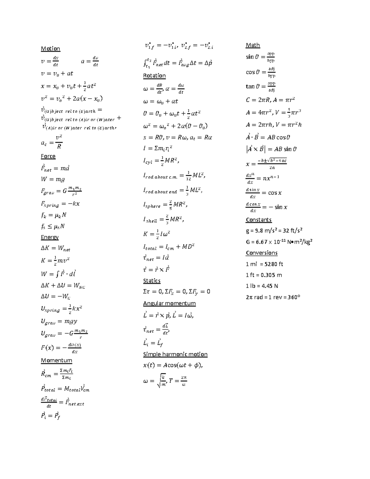 Physics 121 Final Exam Study Guide F21: Motion, Force, Energy, Statics ...
