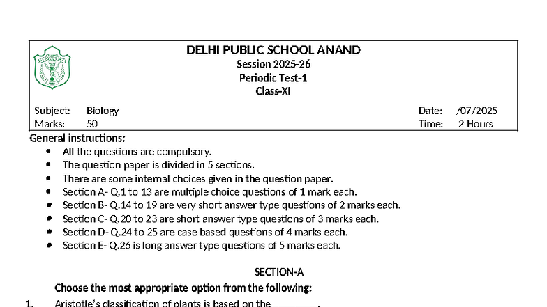 Class XI Biology Periodic Test 1 - Question Paper for Teachers - Studocu