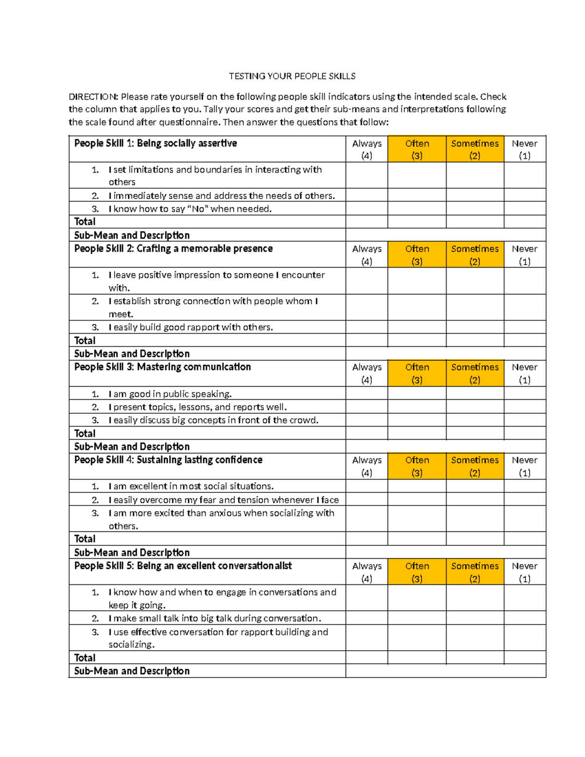 Testing Your People Skills: Self-Assessment Questionnaire Guide - Studocu