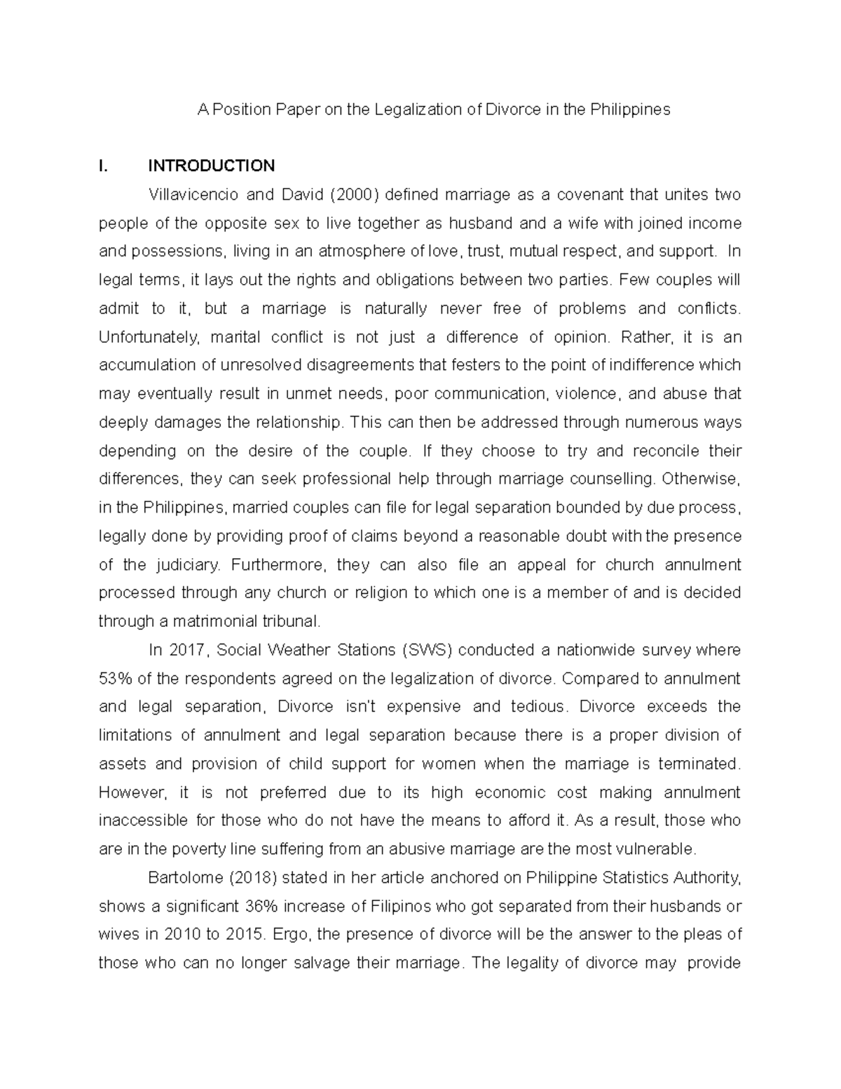 Position Paper on Divorce Legalization in the Philippines: A Case Study ...