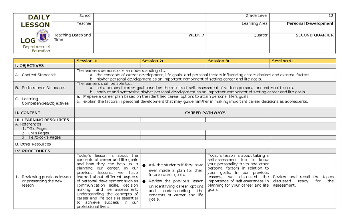DLL- Career Pathways - lesson log - DAILY LESSON LOG Department of ...