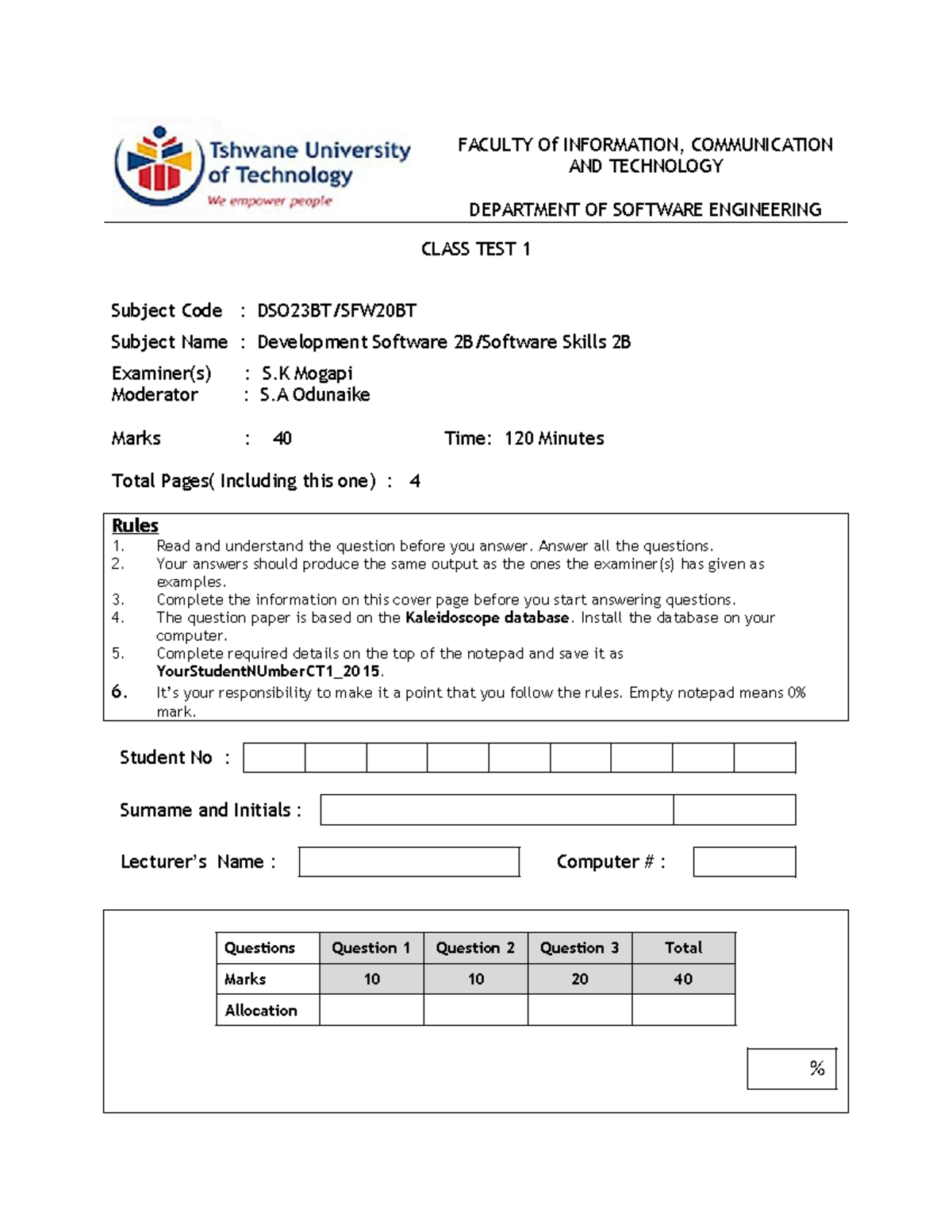 DSO23BT CT1 2015 - Class Test 1 on Development Software Skills - Studocu