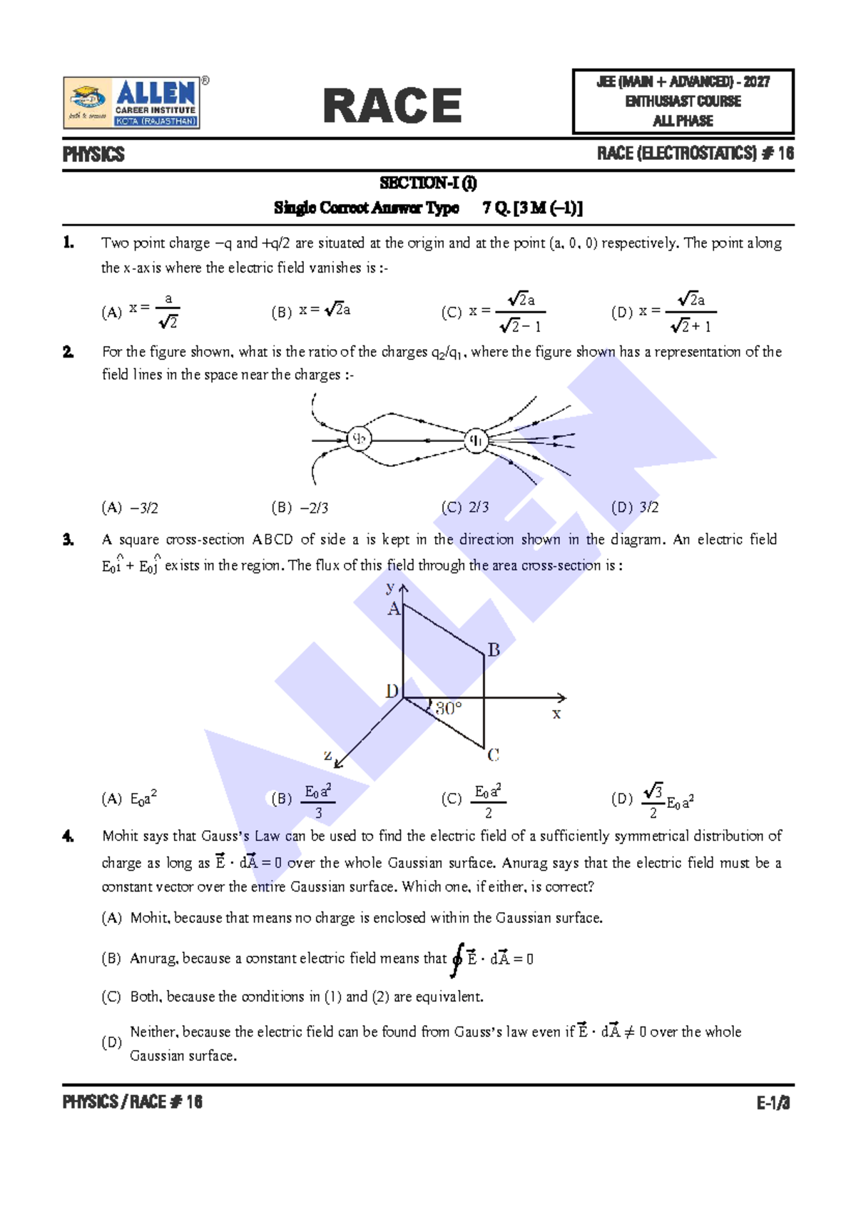 RACE PHYSICS: Electrostatics Study Guide for JEE (MAIN ADVANCED) 2027 ...