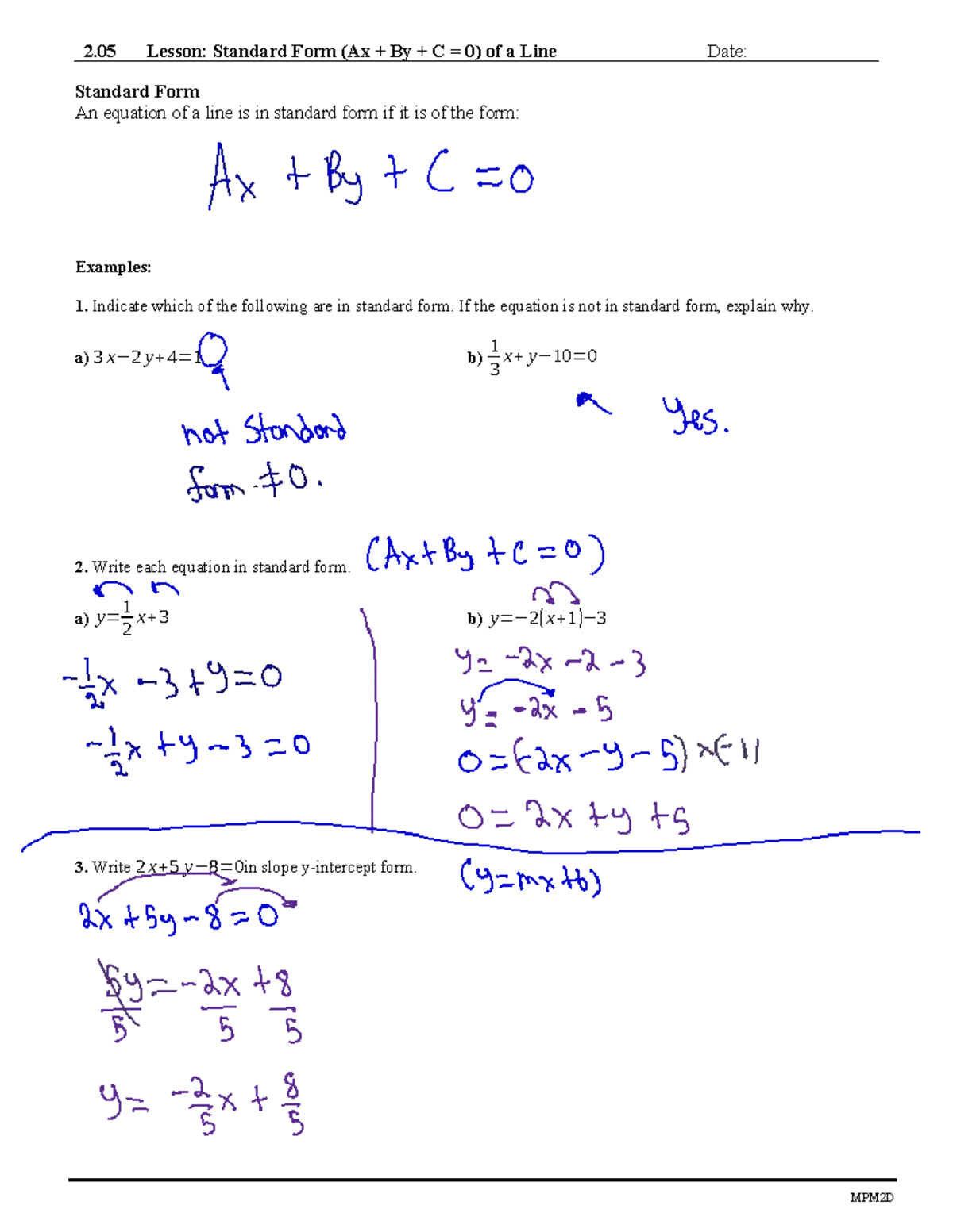 2.05 MPM2D Lesson: Understanding Standard Form of a Line - Studocu