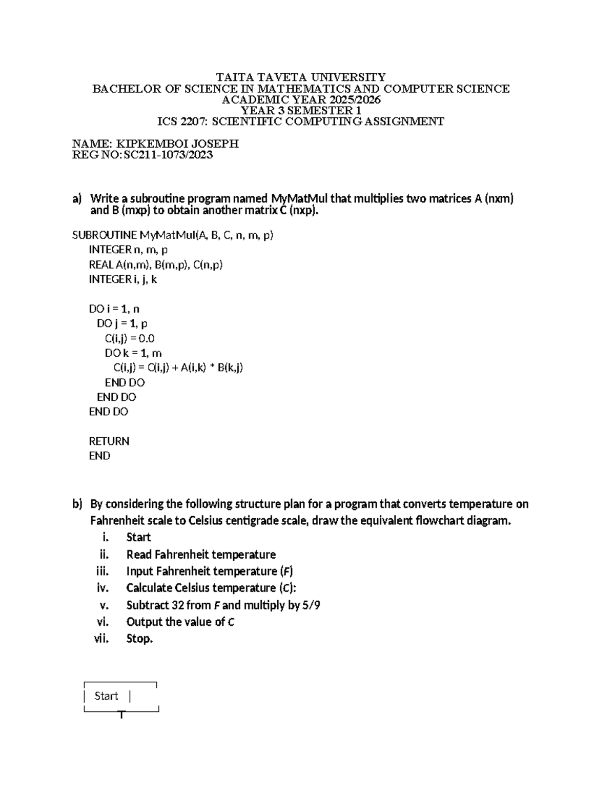 ICS 2207 Scientific Computing Assignment: Matrix Operations & FORTRAN ...