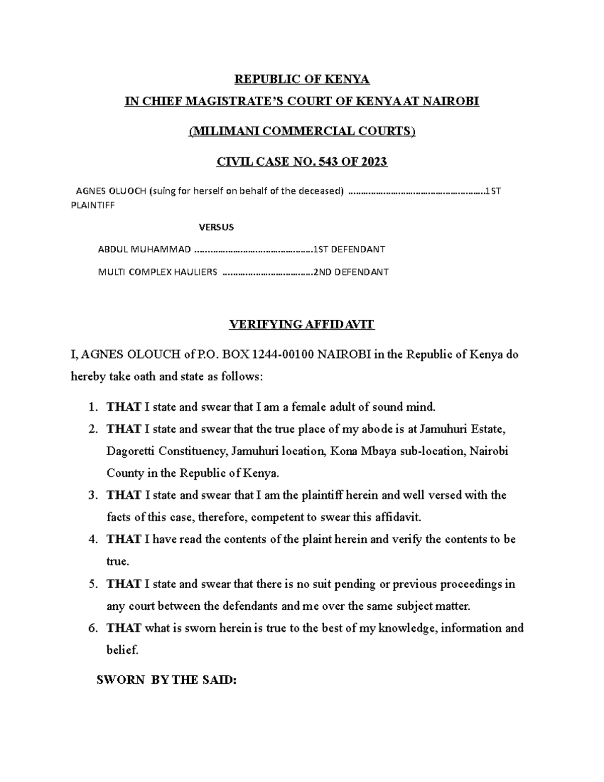 Verifying Affidavit - Civil Case No. 543 of 2023, Nairobi - Studocu