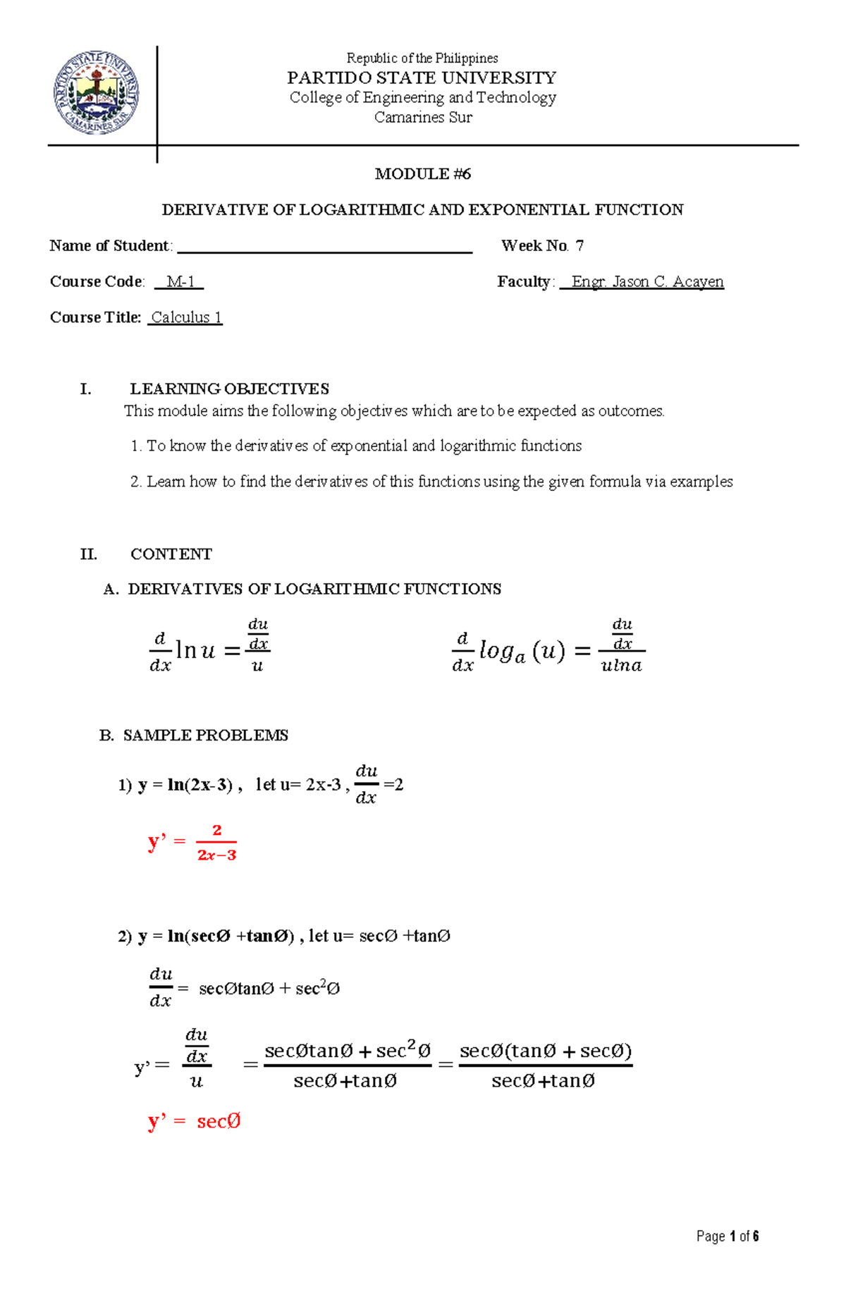 M-1-Module-6 - cal - PARTIDO STATE UNIVERSITY College of Engineering ...